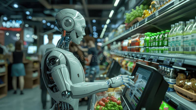 Robot Shopping in a Grocery Store, Using Touchscreen. Generated with AI ...