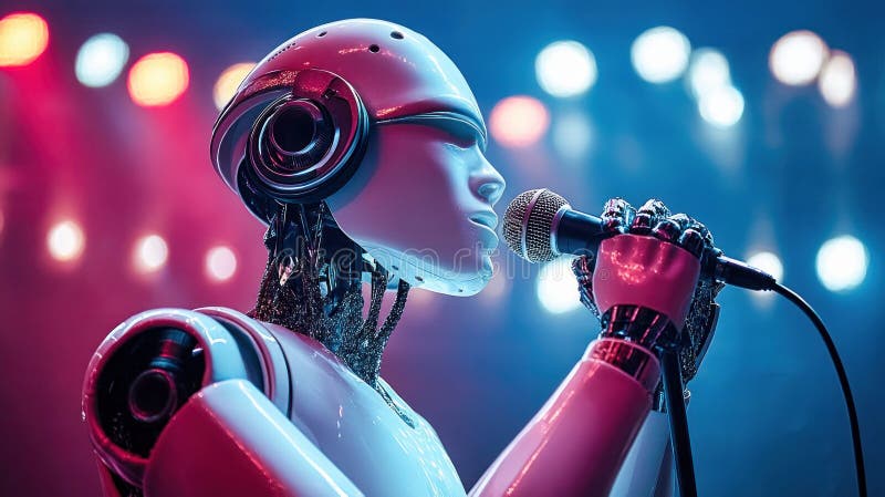A Robot Singer Performs on a Stage with Vibrant Lights and a Microphone ...