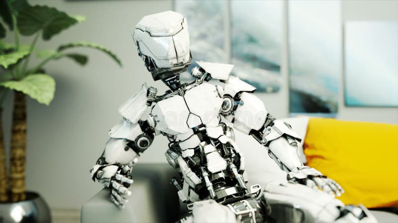 Robot in Living Room. Future Concept. Realistic 4k Animation. Stock ...