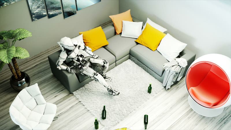 Robot in Living Room. Future Concept. Realistic 4k Animation. Stock ...