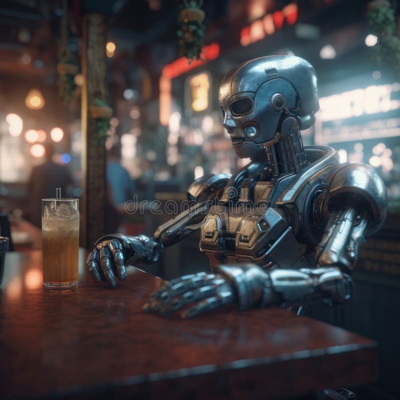 The Robot Sits in a Bar with a Cocktail, the Concept of the Future. AI ...