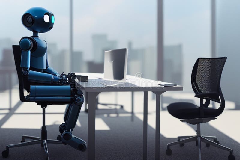 A Robot Sits at a Desk with a Computer Screen Desk in an Office Room ...
