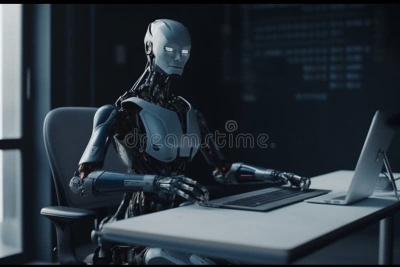 A Robot Sits at a Desk with a Computer Screen Desk in an Office Room ...