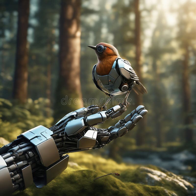 Robot Sits in the Forest with a Robin. Future Fantasy in Which ...