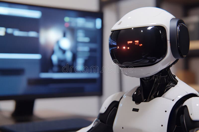 Robot Sits in Front of a Computer Screen Displaying Coding Software and Data Analysis Tools ...