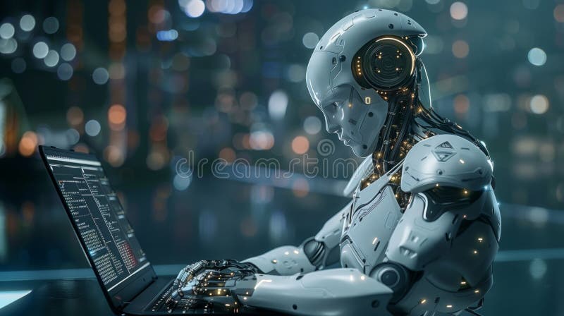 A Robot Sits in Front of a Laptop Computer, Programming and Coding To Improve Its AI ...
