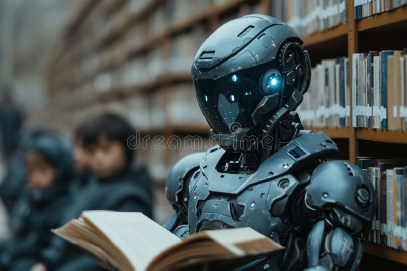 Robot Sits in Library. Reading Book, Surrounded by Shelves and Books ...