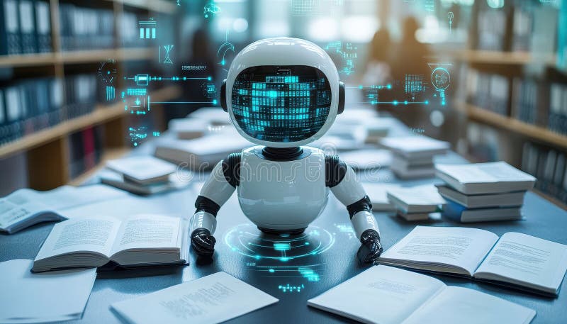 A Robot Sits in a Library Surrounded by Open Books, Embodying the ...