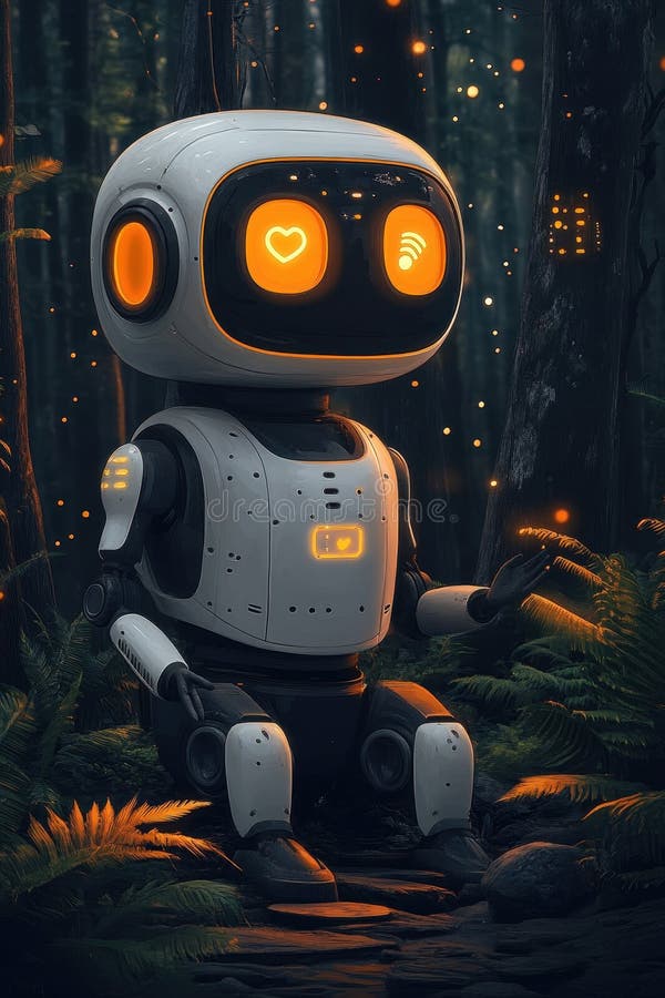 Robot Sits among Lush Greenery in a Serene Forest, Illuminated by ...