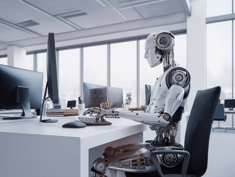 The Robot Sits in the Office at His Work Station and Works Hard Stock ...