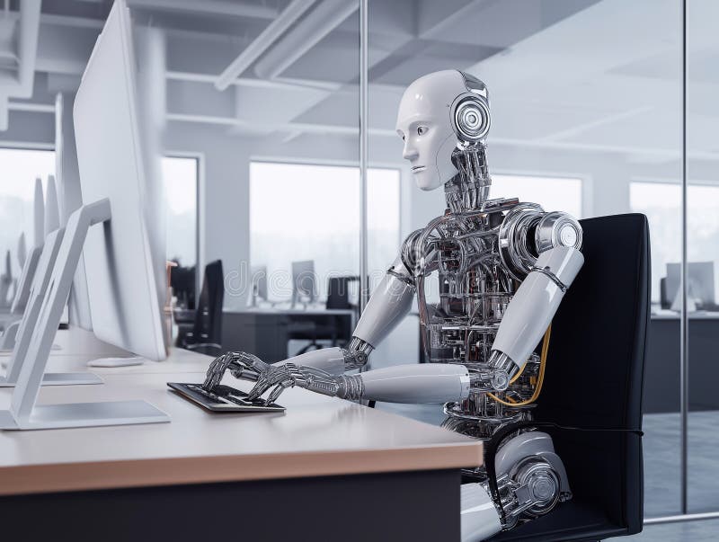 The Robot Sits in the Office at His Work Station and Works Hard Stock ...