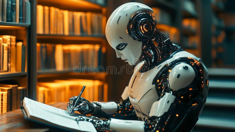 The Robot Sits at a Table in a Library or Study Hall, Writing in a ...