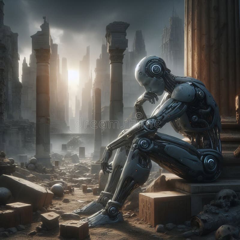Robot Sits Thoughtfully on the Ruins of an Ancient City and Reflects ...