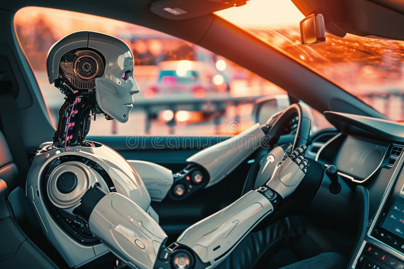 Robot Sitting As a Driver in a Modern Car, Blurred Background ...