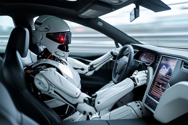 Robot Sitting As a Driver in a Modern Car, Blurred Background ...