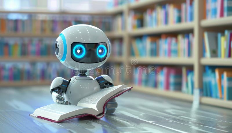 Cute Book Reading Humanoid Robot Sitting in a Library Stock Photo ...