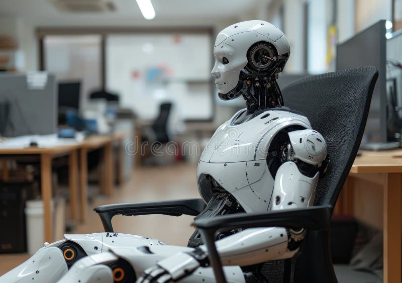 Robot Sitting on Chair in Office Stock Illustration - Illustration of ...
