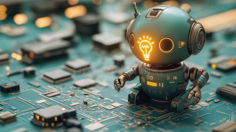 A Robot is Sitting on a Circuit Board with a Light Bulb on Its Head ...