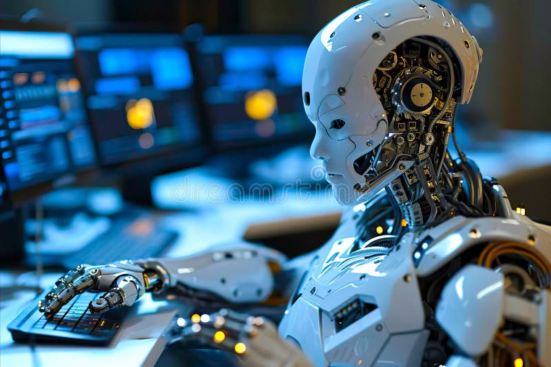 A Robot is Sitting at a Computer Desk Stock Illustration - Illustration ...