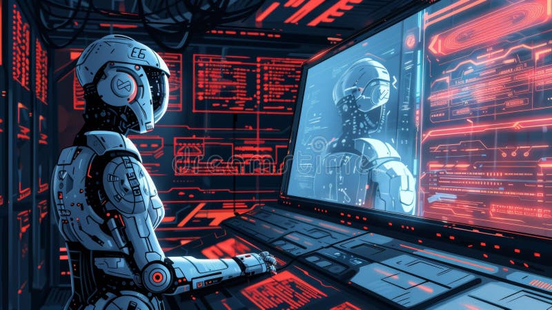 A Robot is Sitting at a Computer Screen with Glowing Red Lights, AI ...