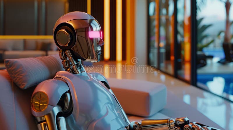 Robot Sitting on Couch in Living Room Stock Photo - Image of decor ...