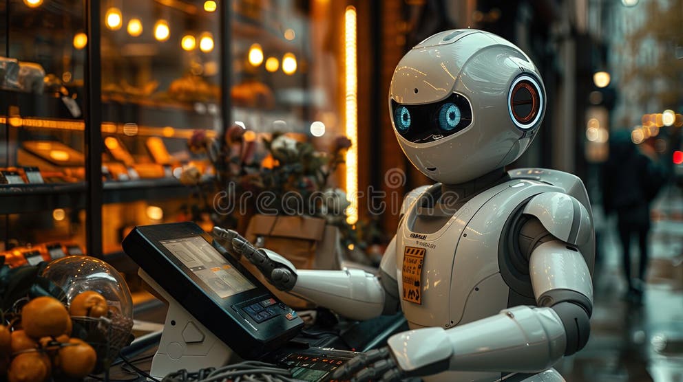 A Robot is Sitting at a Counter in a Store Stock Image - Image of ...