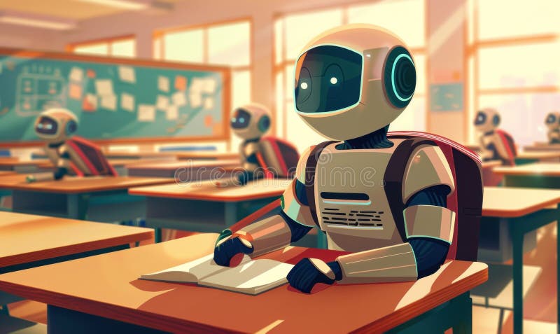 Robot Sitting at the Desk in the Classroom with Blackboard in the ...