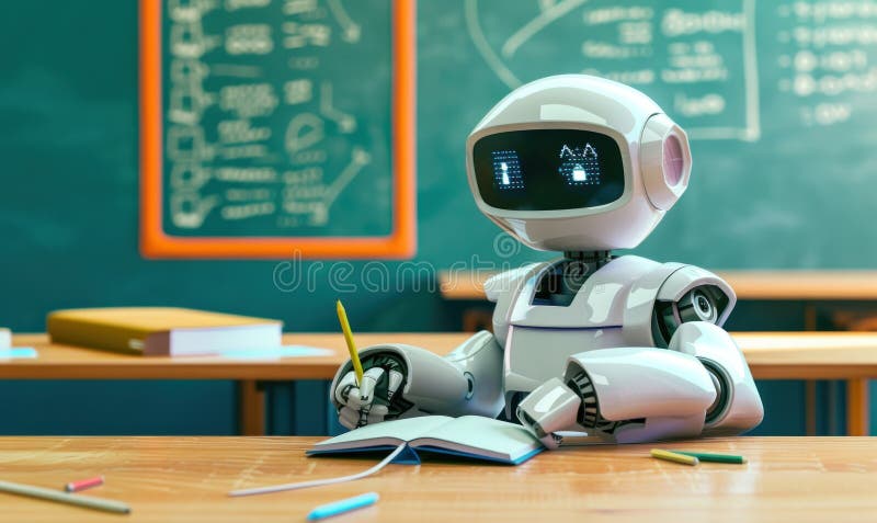 Robot Sitting at the Desk in the Classroom with Blackboard in the ...