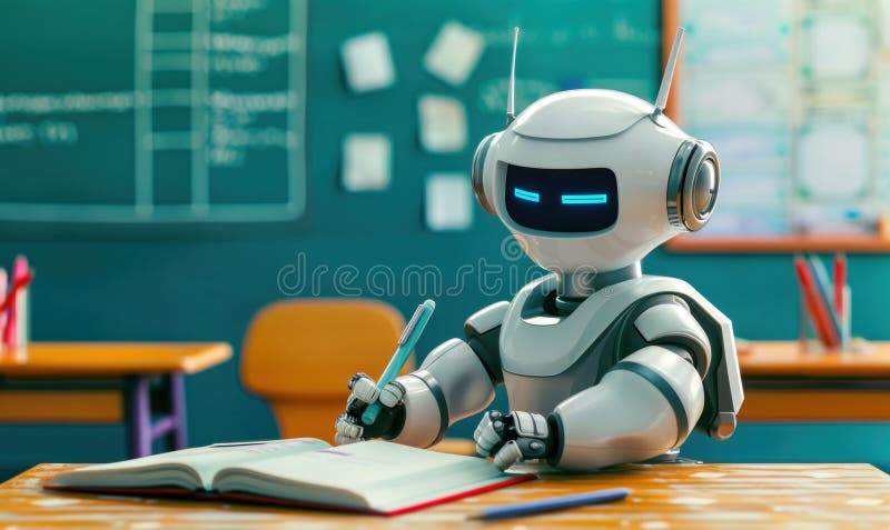 Robot Sitting at the Desk in the Classroom with Blackboard in the ...