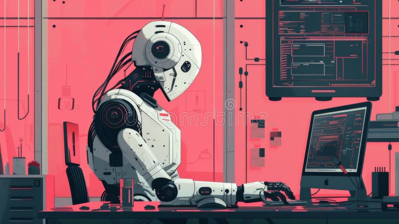 A Robot Sitting at a Desk with Computer Monitor and Keyboard, AI Stock ...