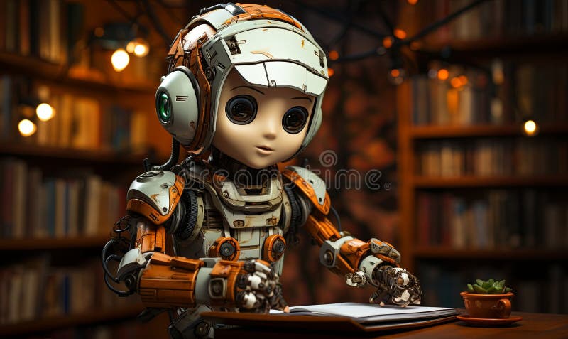 Robot Sitting at Desk in Front of Bookcase Stock Image - Image of desk ...