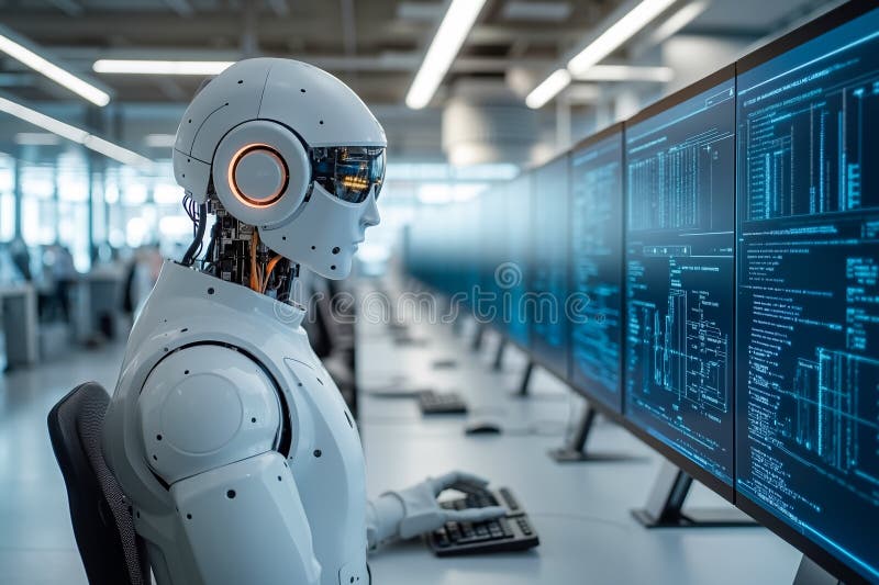 A Robot Sitting at a Desk in Front of a Computer Monitor Stock Image ...
