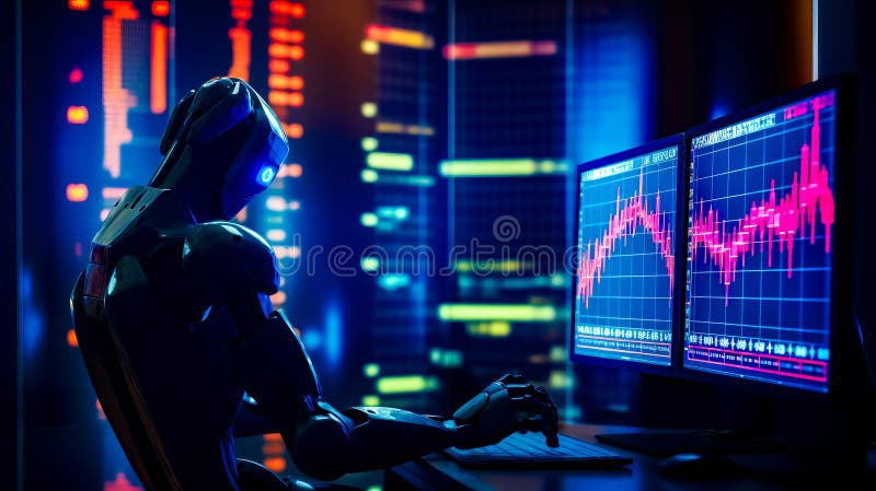 Robot Sitting at Desk in Front of Computer Screen with Chart on it ...