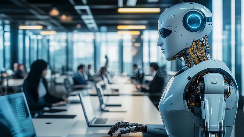 A Robot is Sitting at a Desk in Front of a Group of People. the Robot ...