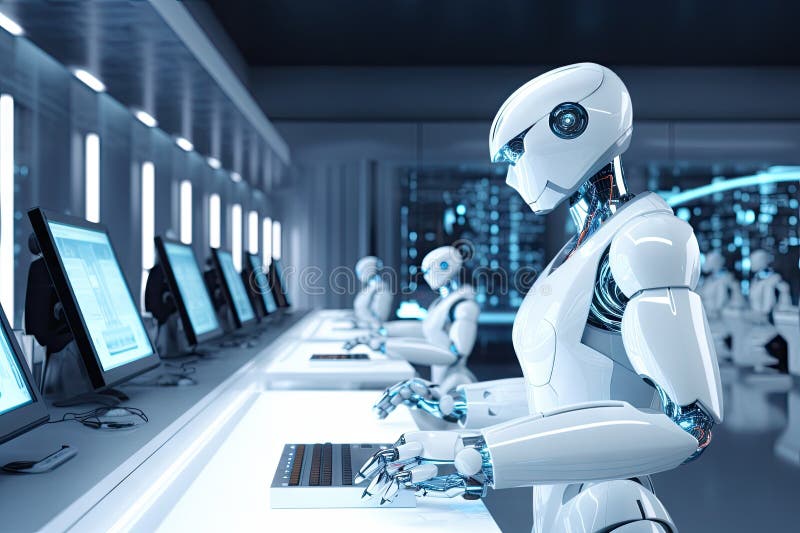 Robot Sitting at Desk with Laptop Computer in Front of Him. by ...