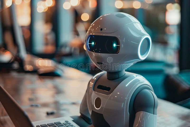 A Robot Sitting at a Desk, Typing on a Laptop Computer, Exploring the ...
