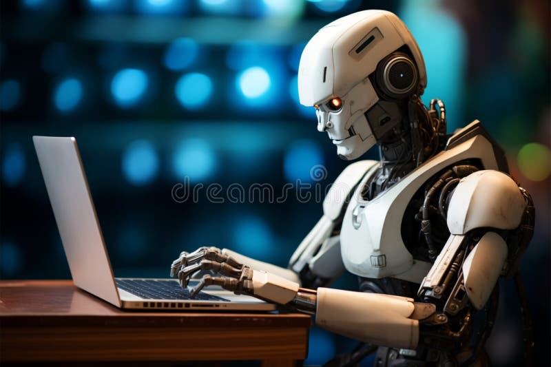 A Robot Sitting at a Desk Using a Laptop Rear View Stock Illustration ...