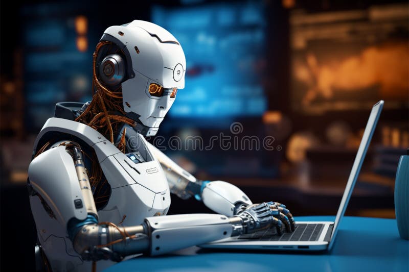 A Robot Sitting at a Desk Using a Laptop Rear View Stock Illustration ...