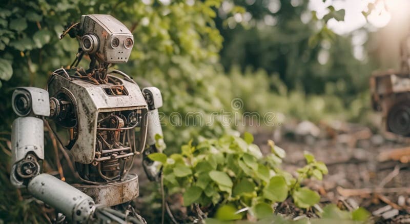 A Robot is Sitting in a Field of Green Plants. the Robot is Covered in ...