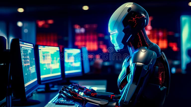 Robot Sitting in Front of Computer Monitor Next To Keyboard and Mouse. Generative AI Stock ...