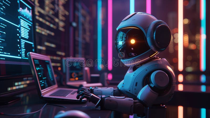 A Robot is Sitting in Front of a Laptop Computer, Engaged in Coding and Programming Tasks As ...