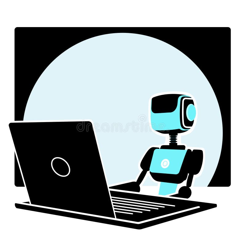 Robot Sitting in Front of a Laptop. Stock Vector - Illustration of ...