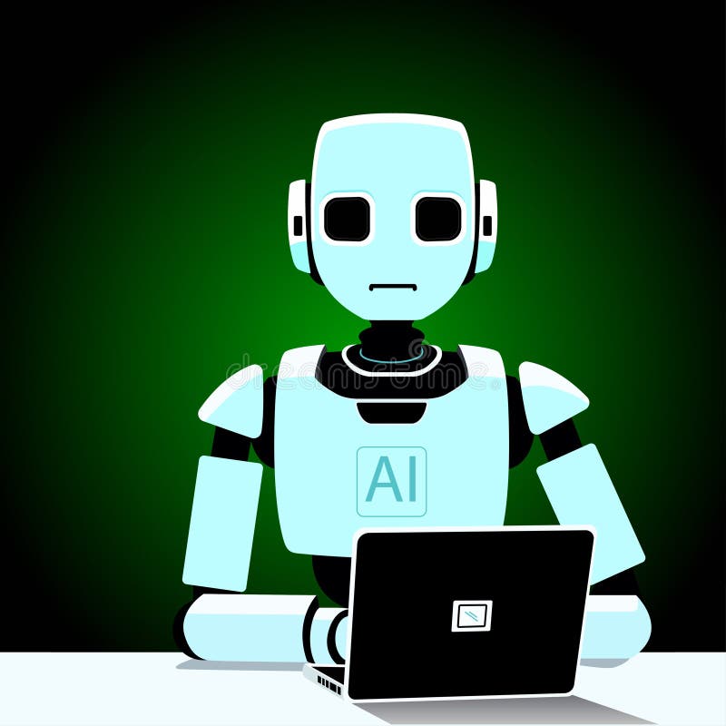 Robot Sitting in Front of a Laptop. Stock Vector - Illustration of ...