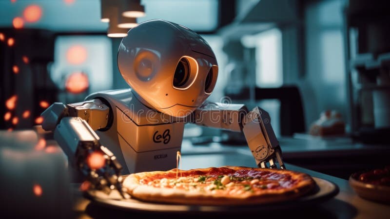 A Robot that is Sitting in Front of a Pizza. Generative AI Image. Stock ...
