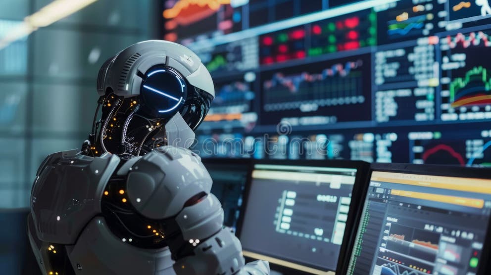 Robot Sitting in Front of Two Computer Monitors Stock Photo - Image of ...