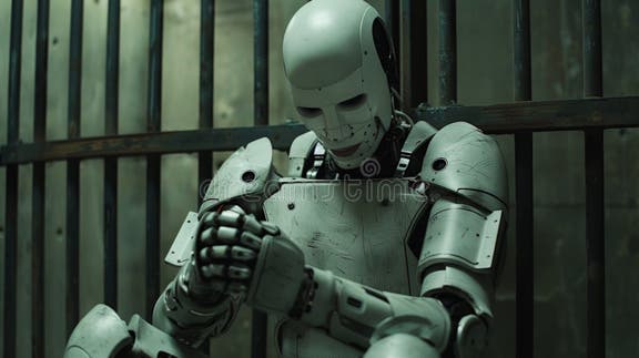 A Robot Sitting in a Jail Cell with His Hands Folded, AI Stock Image ...
