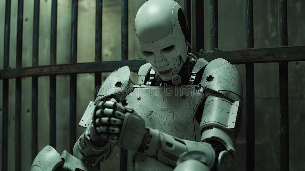 A Robot Sitting in a Jail Cell with His Hands Folded, AI Stock Image ...