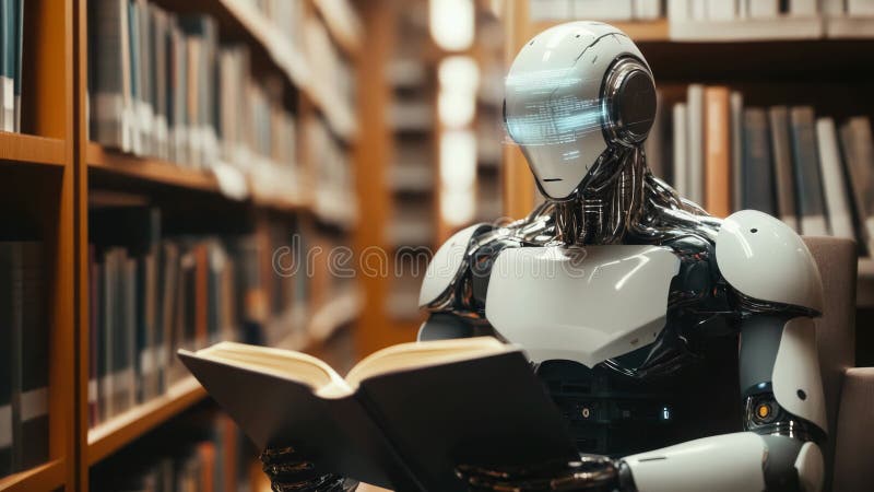 A Robot Sitting in a Library, Reading a Book Stock Video - Video of ...