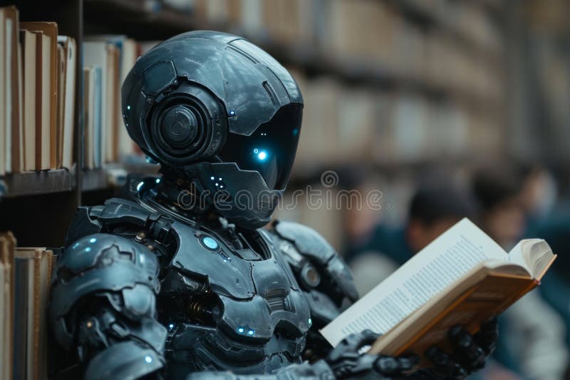 Robot Sitting in Library and Reading Book Stock Photo - Image of ...