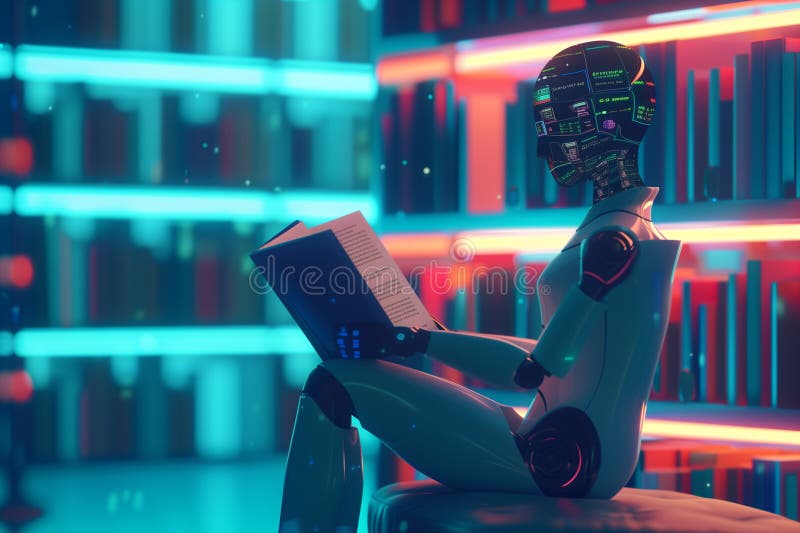 Robot Sitting in Library Reading Book. Modern Artificial Intelligence Machine Learning ...